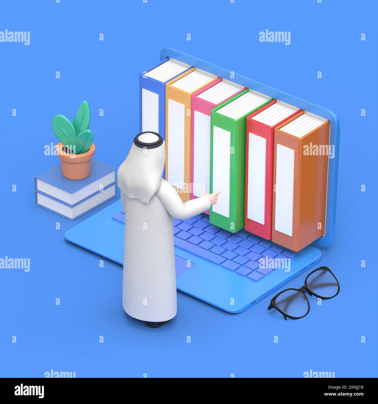 Concept of electronic books. 3D illustration of smiling Arab man Hadi ...