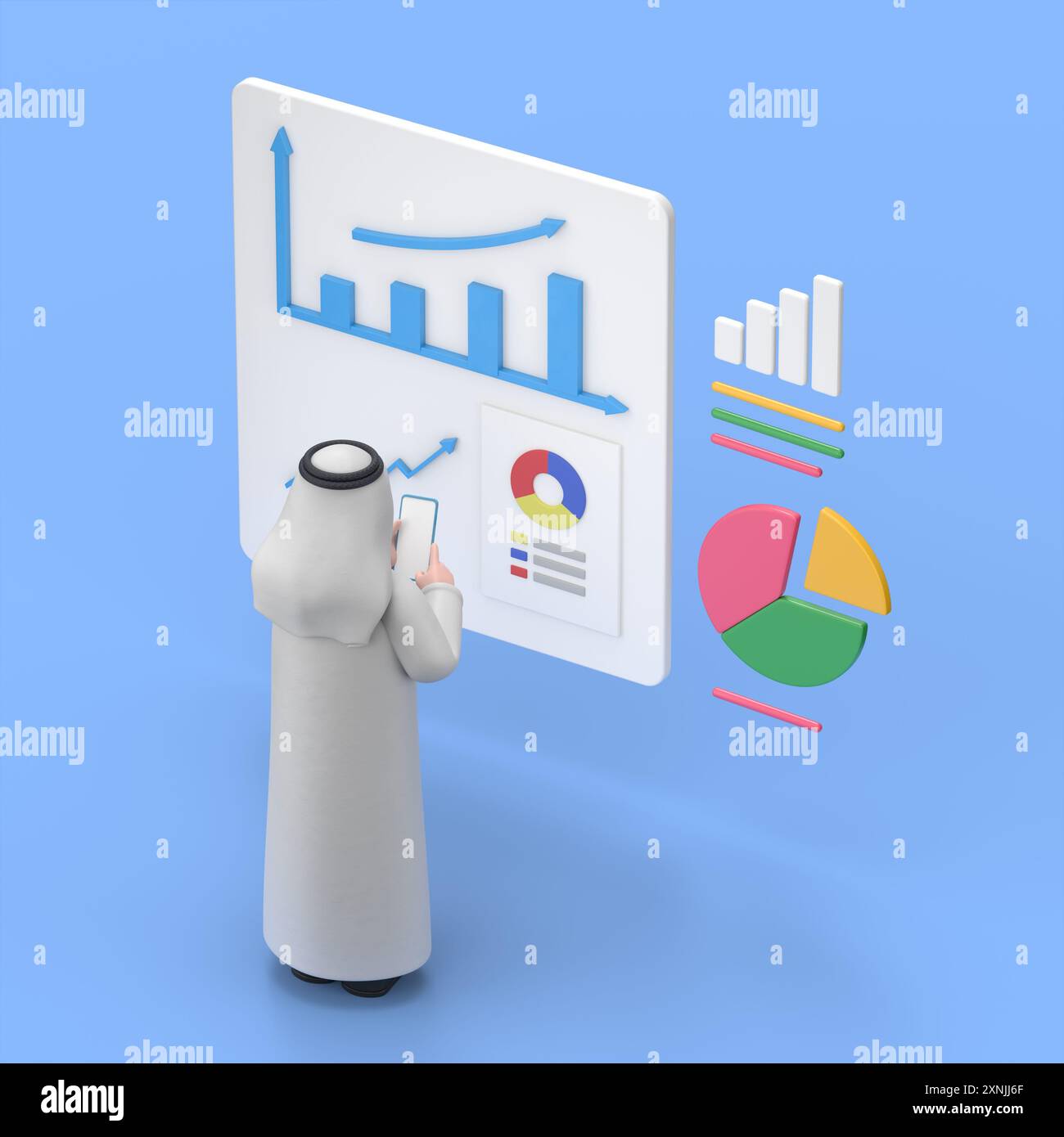 Financial research concept.3D illustration of smiling Arab man Hadi Can ...