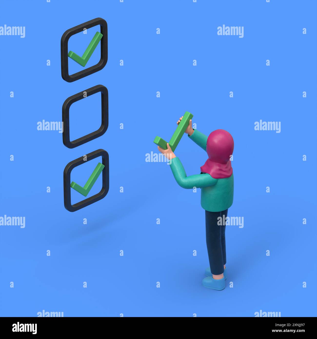 3D illustration of smiling Arab woman Ghaliyah putting check mark in ...