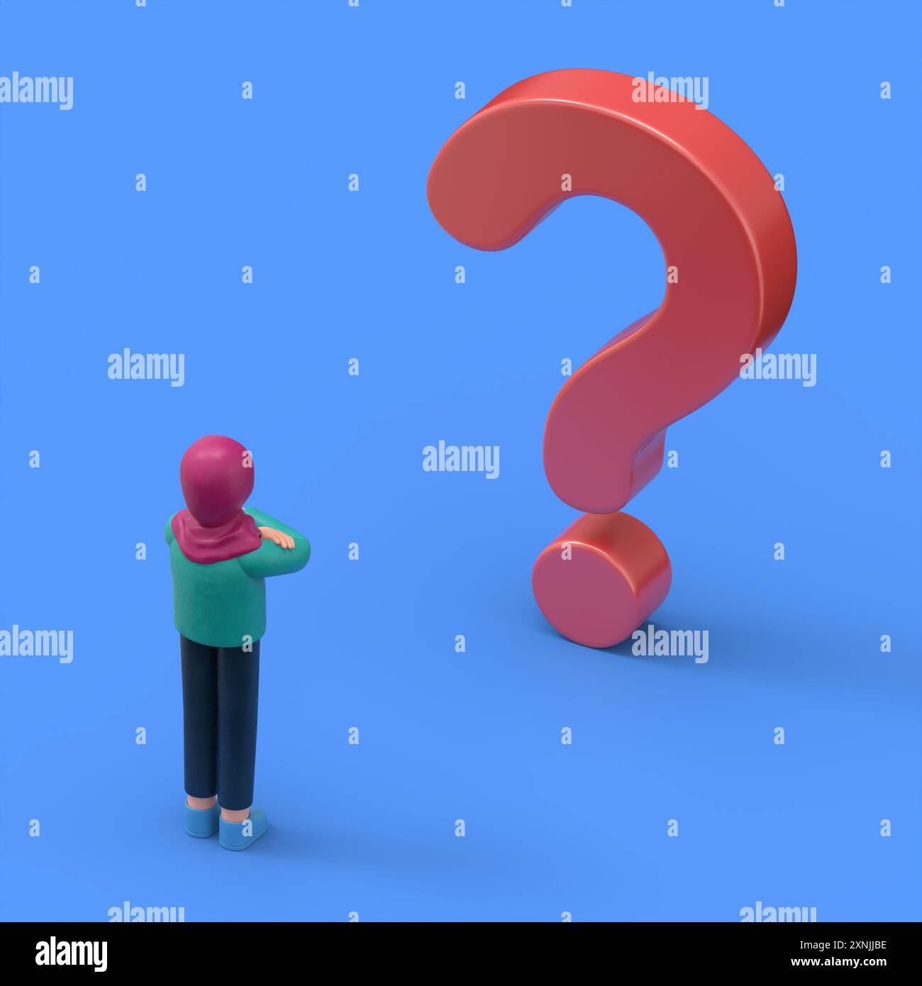 3D illustration of smiling Arab woman Ghaliyah faces a big red question ...