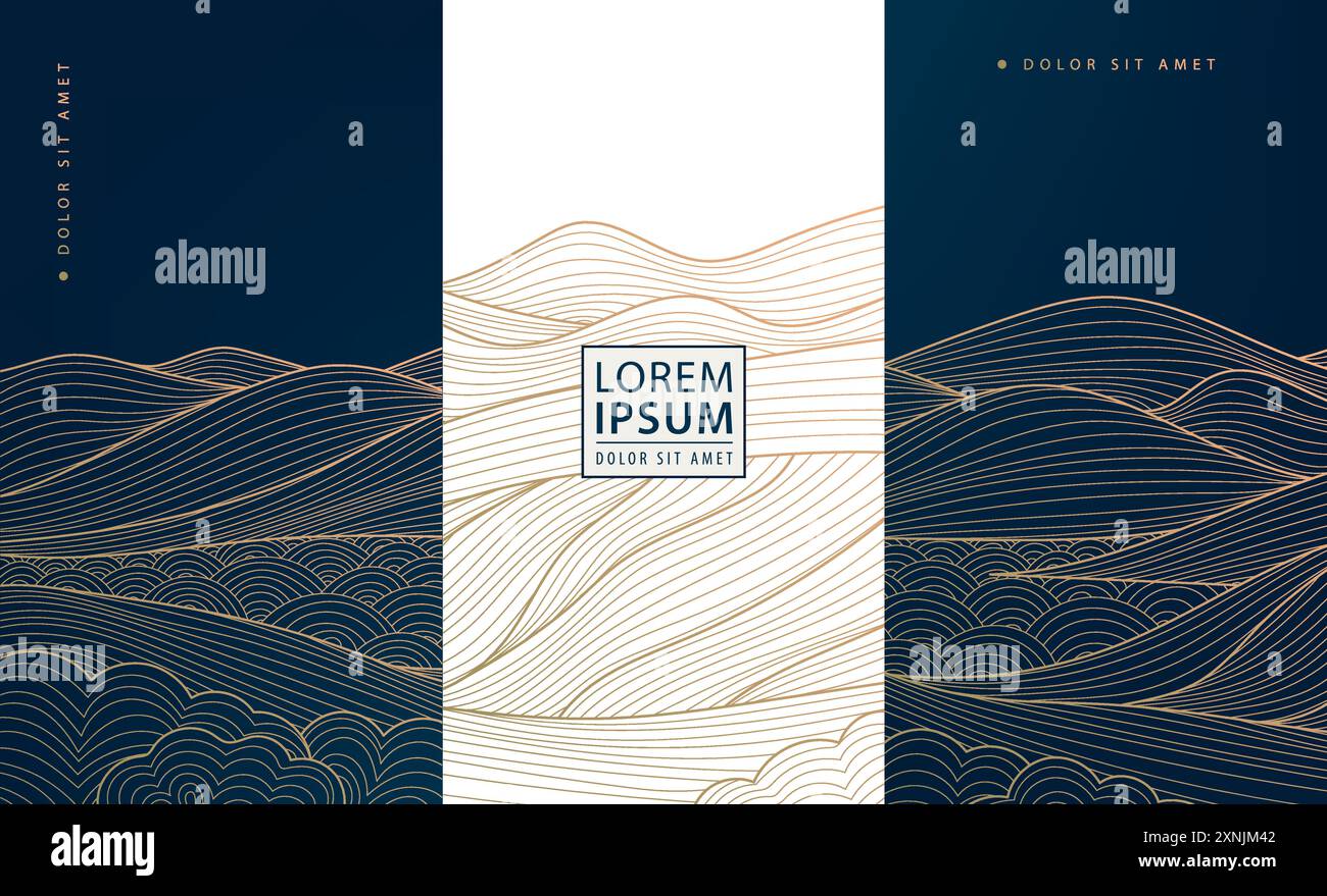 Vector set of japanese style gold line landscapes with mountains and ...