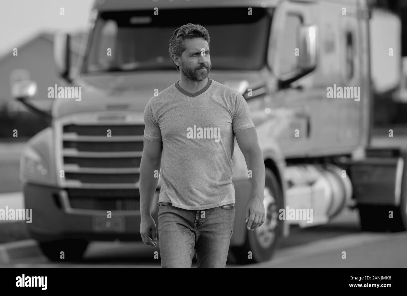 Men driver near lorry truck. Man owner truck driver. Millennial trucker ...