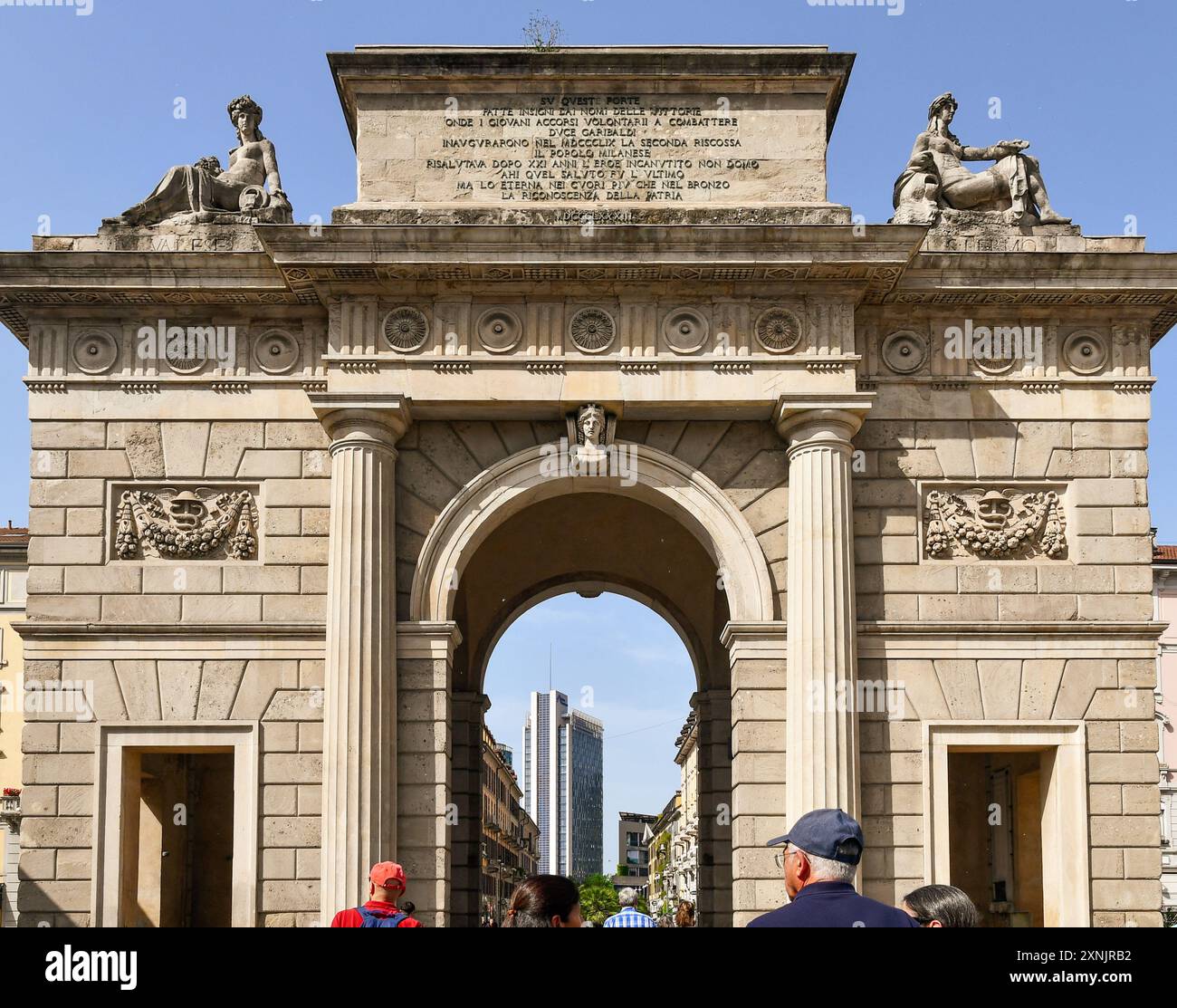 High-section of the Porta Garibaldi city gate with one of the Garibaldi ...