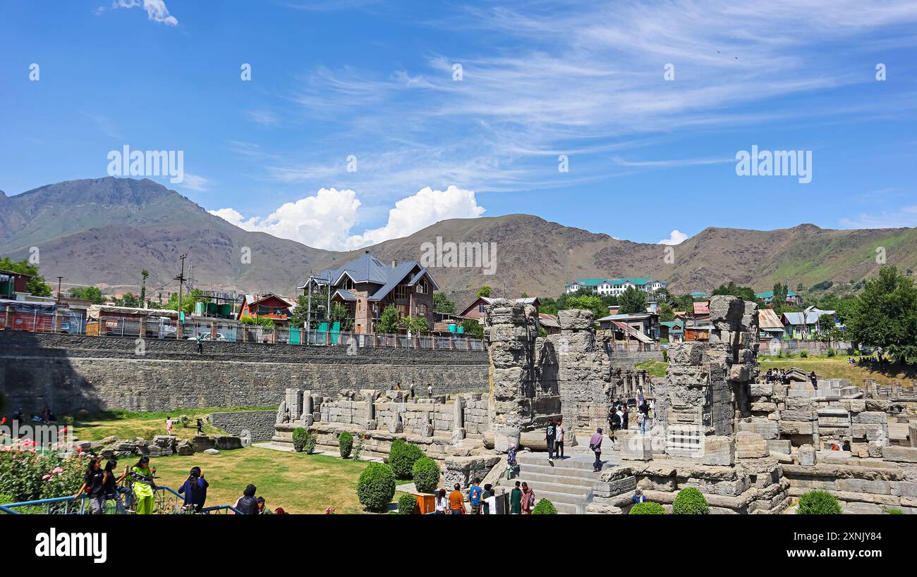 View of the ruins of Avantiswami Temple complex with beautiful hills ...