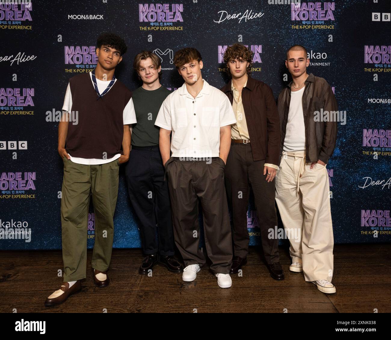 London, UK. 1 August 2024. Dear Alice boy band members (L to R) Dexter ...