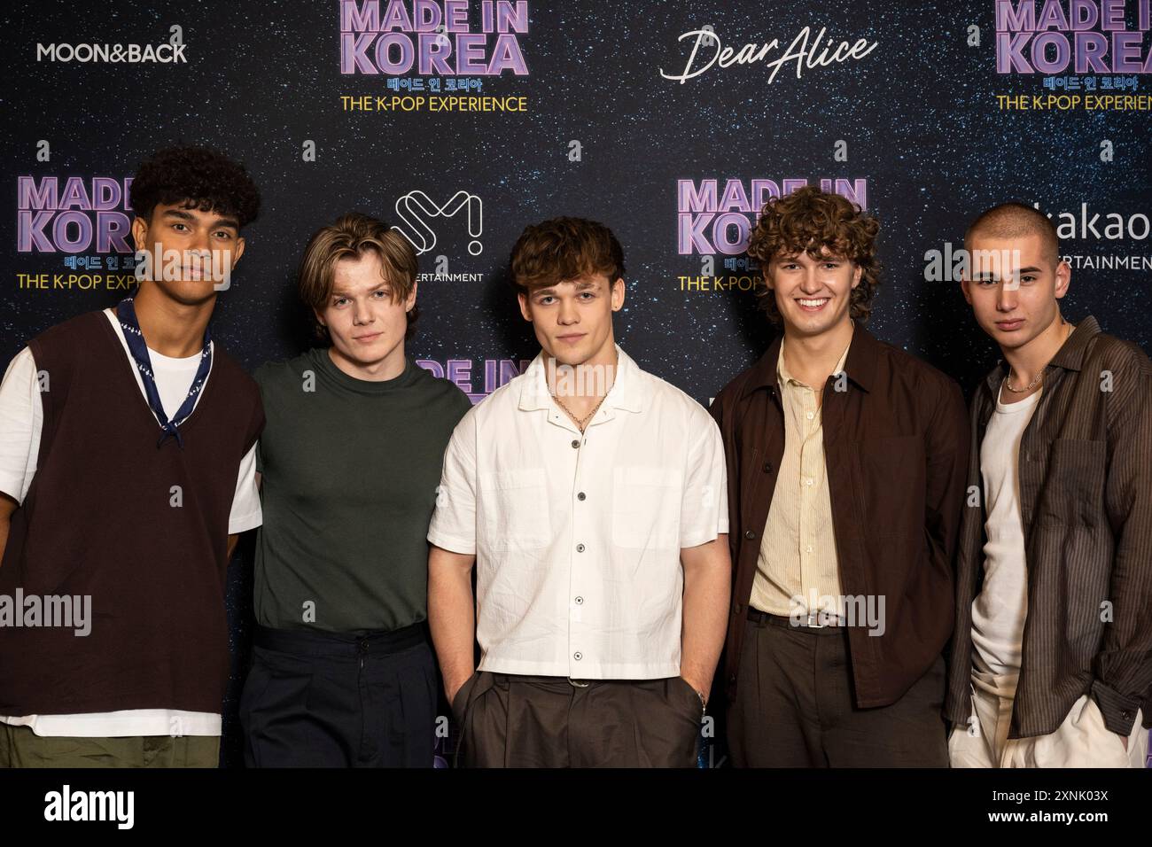 London, UK. 1 August 2024. Dear Alice boy band members (L to R) Dexter ...