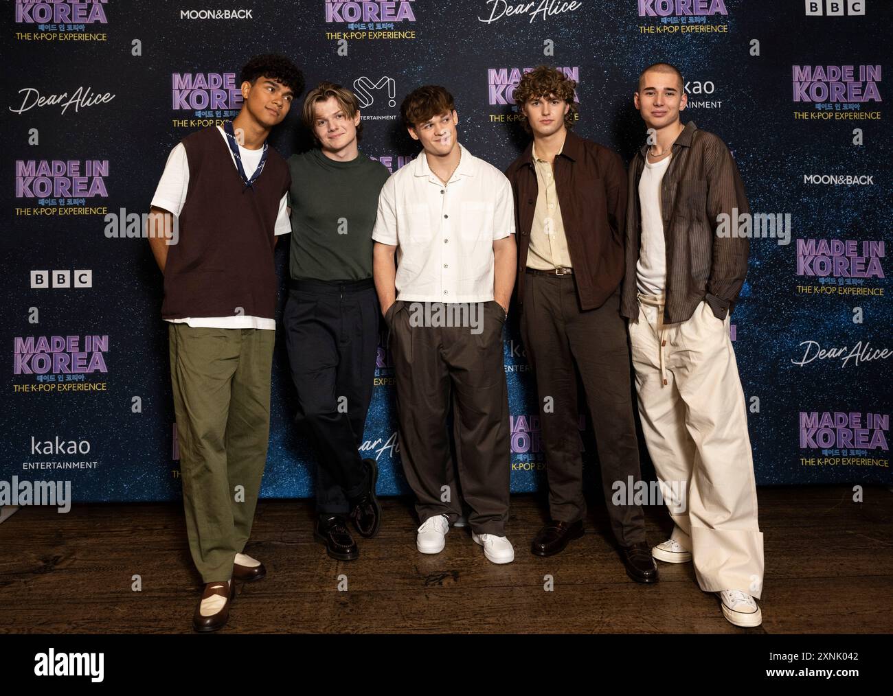 London, UK. 1 August 2024. Dear Alice boy band members (L to R) Dexter ...