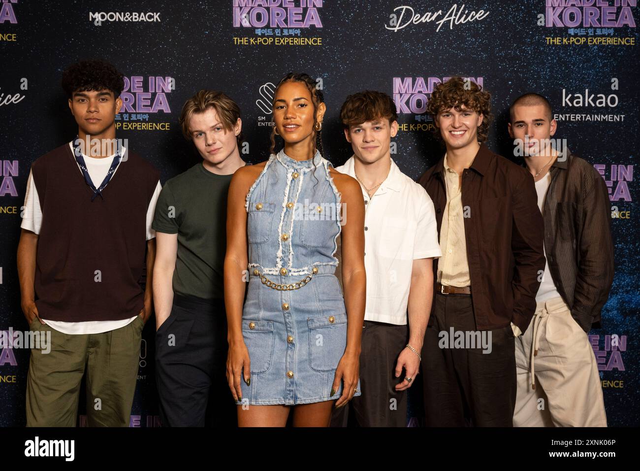 London, UK. 1 August 2024. Vick Hope joins Dear Alice boy band members (L to R) Dexter Greenwood ...