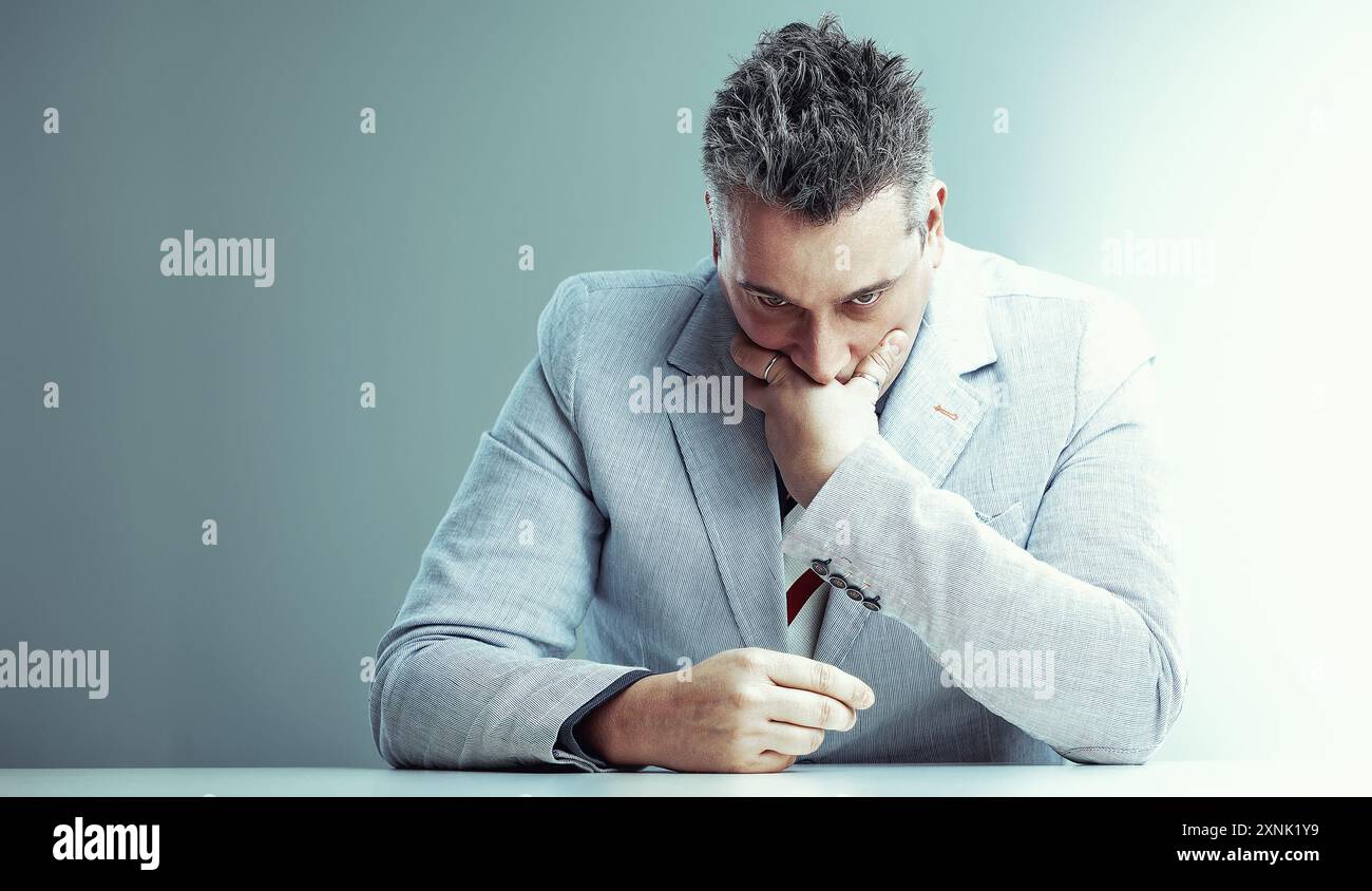 Stressed businessman feeling overwhelmed and anxious at desk, showing ...