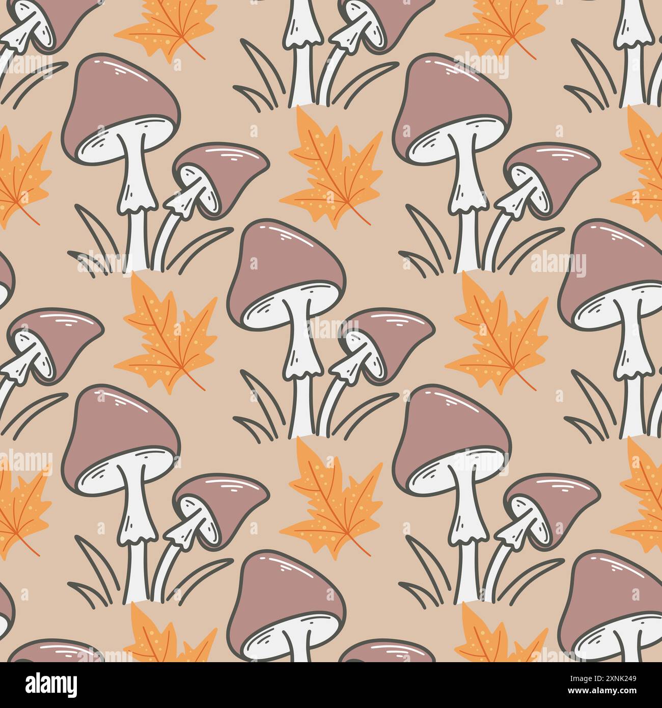 Mushroom autumn seamless pattern with maple leaves. Forest mushroom ...
