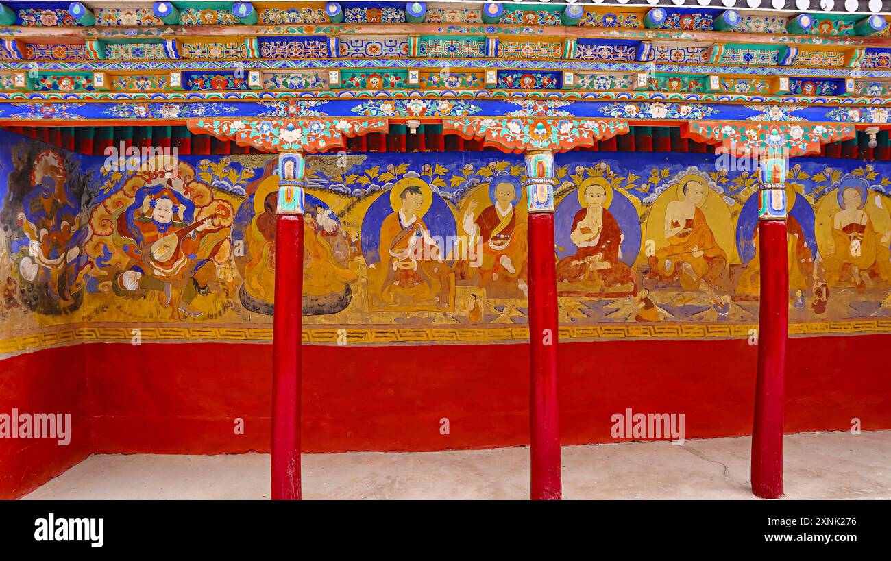 Paintings of Buddhist bhikshu on the wall of Thiksey Monastery, Thiksey ...