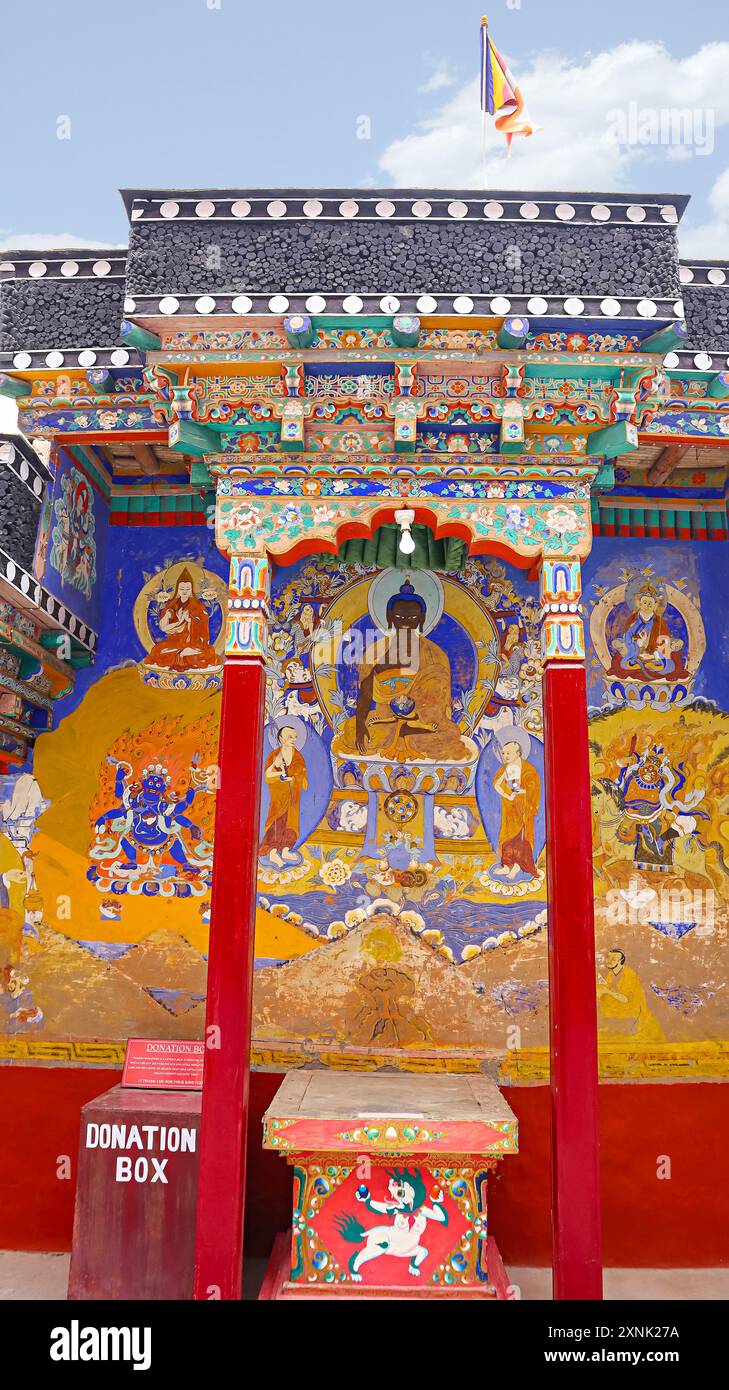 Colorful painting of Lord Buddha on the wall of Thiksey Monastery, Leh ...