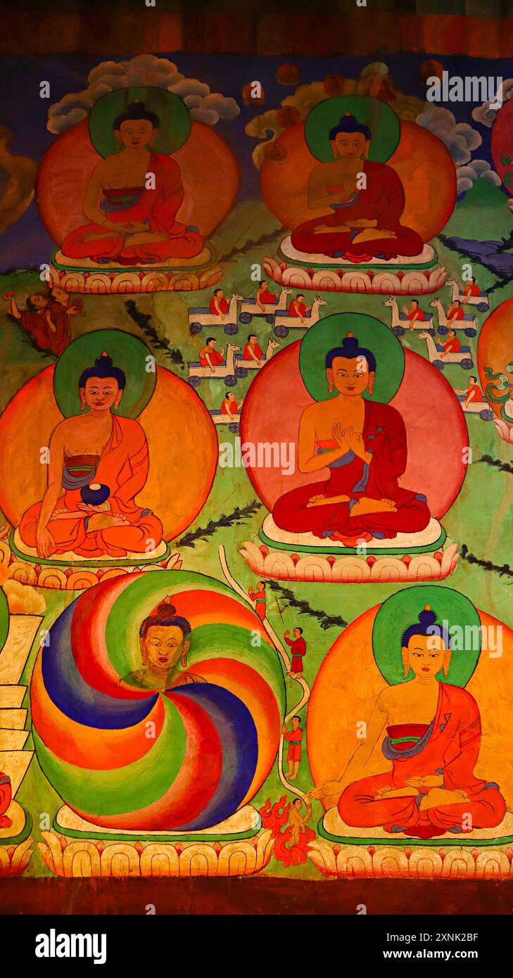 Paintings of Lord Buddha in different poses, Thiksey Monastery, Leh ...