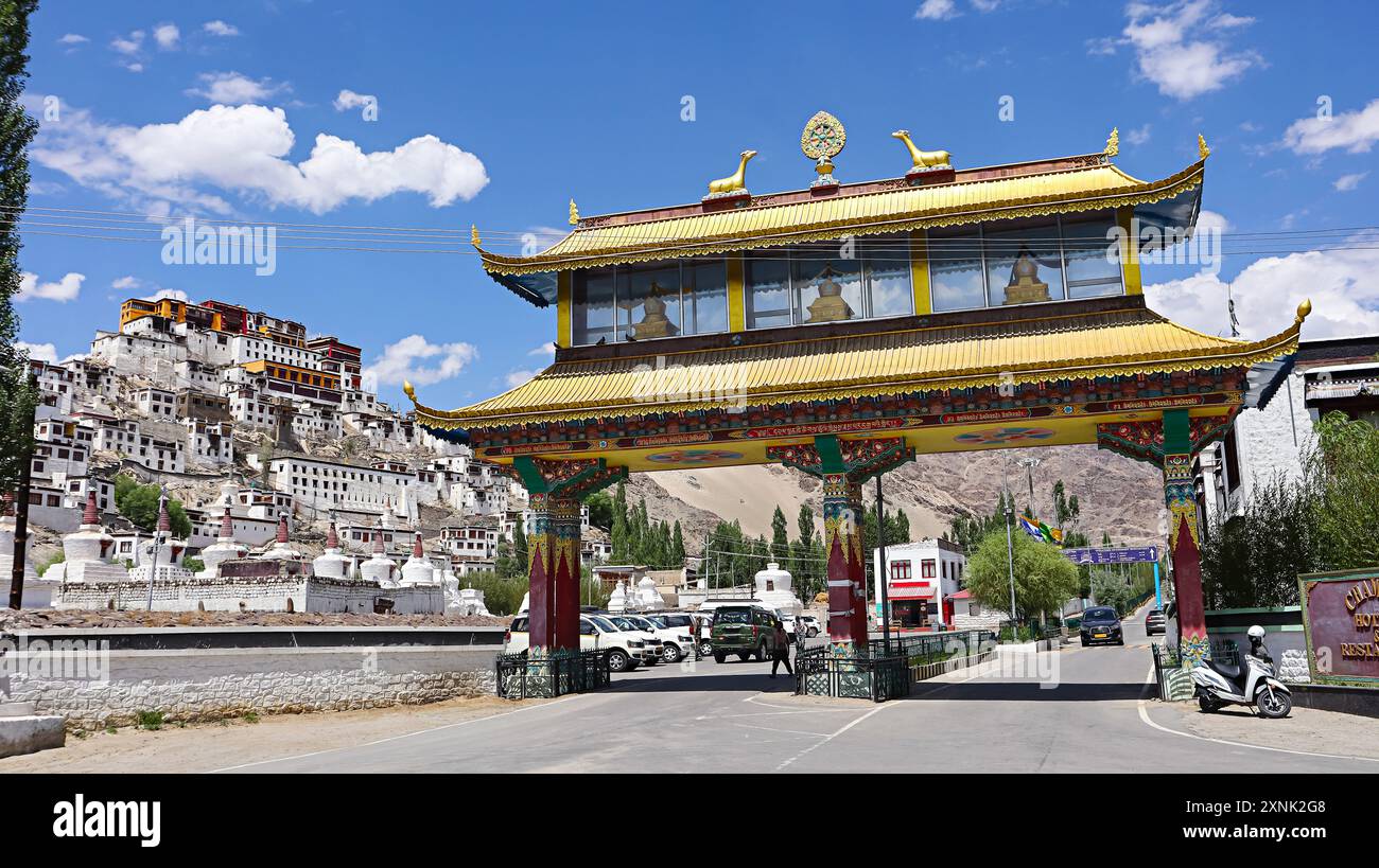 Entrance gate of Thiksey Monastery from the main road, Leh, Ladakh ...
