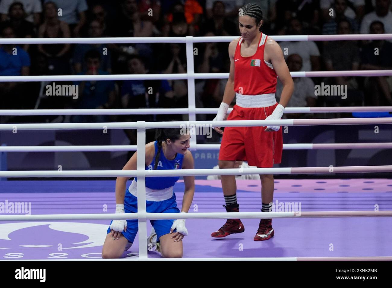 Algeria's Imane Khelif, right, defeated, Italy's Angela Carini in their ...