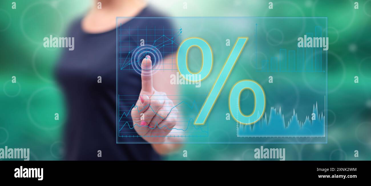 Woman touching digital interest rates data on a touch screen with her ...