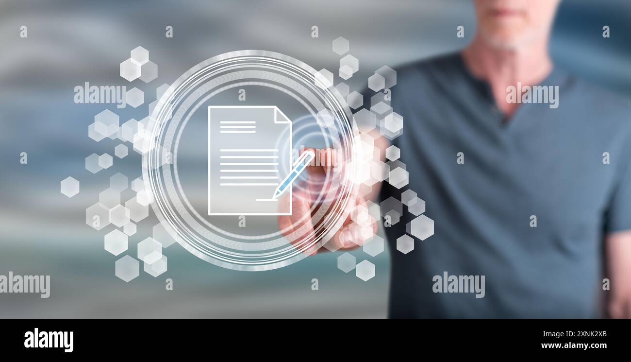 Man touching a smart contract concept on a touch screen with his finger ...