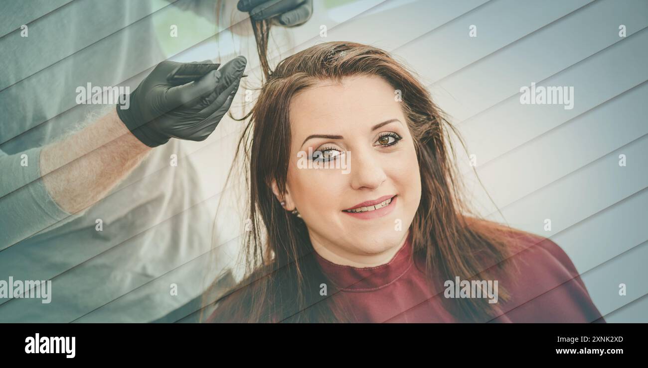 Hairdresser coloring female client hair, geometric pattern Stock Photo ...