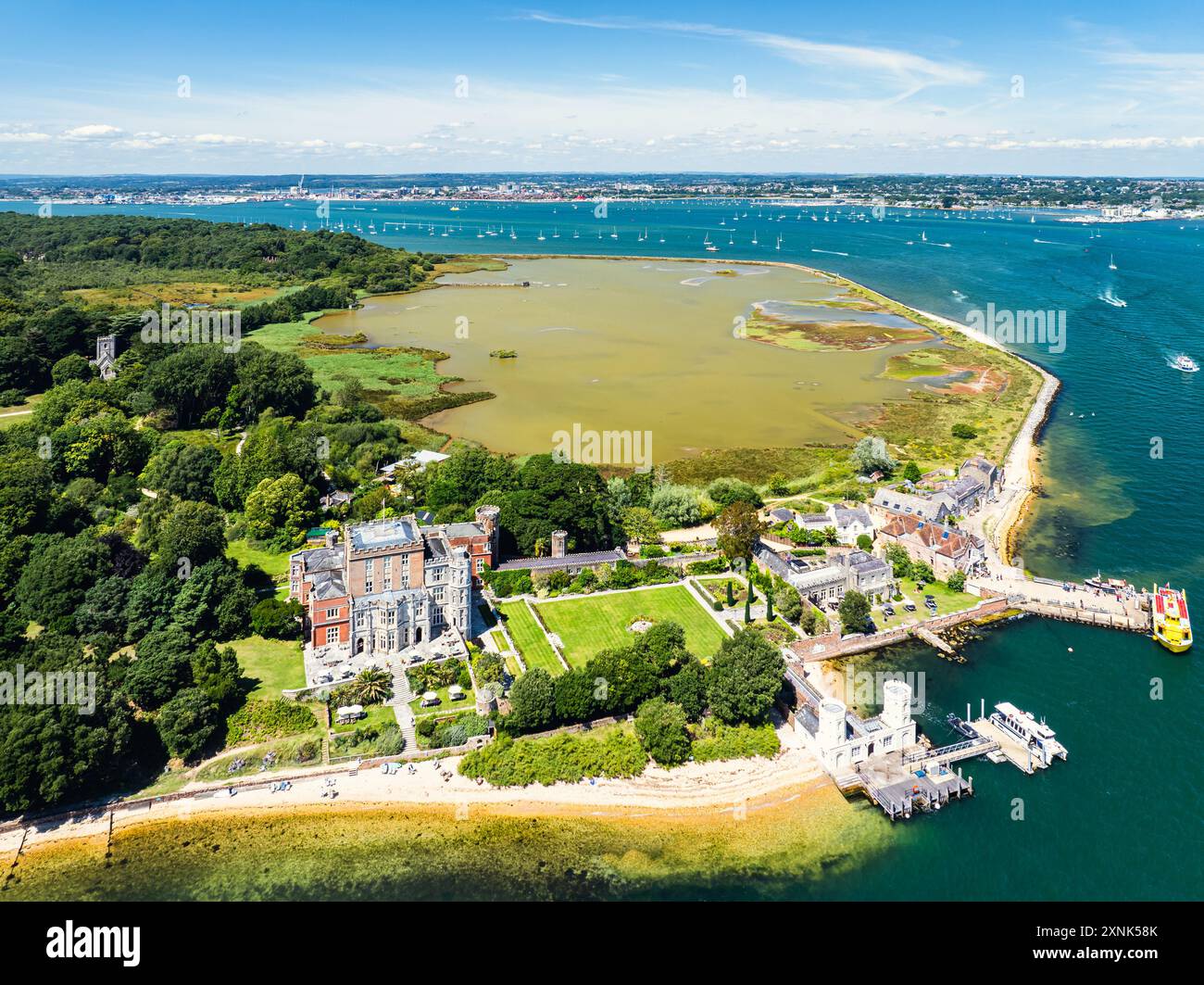 Brownsea Castle on Brownsea Island from a drone, Poole, Dorset, England ...