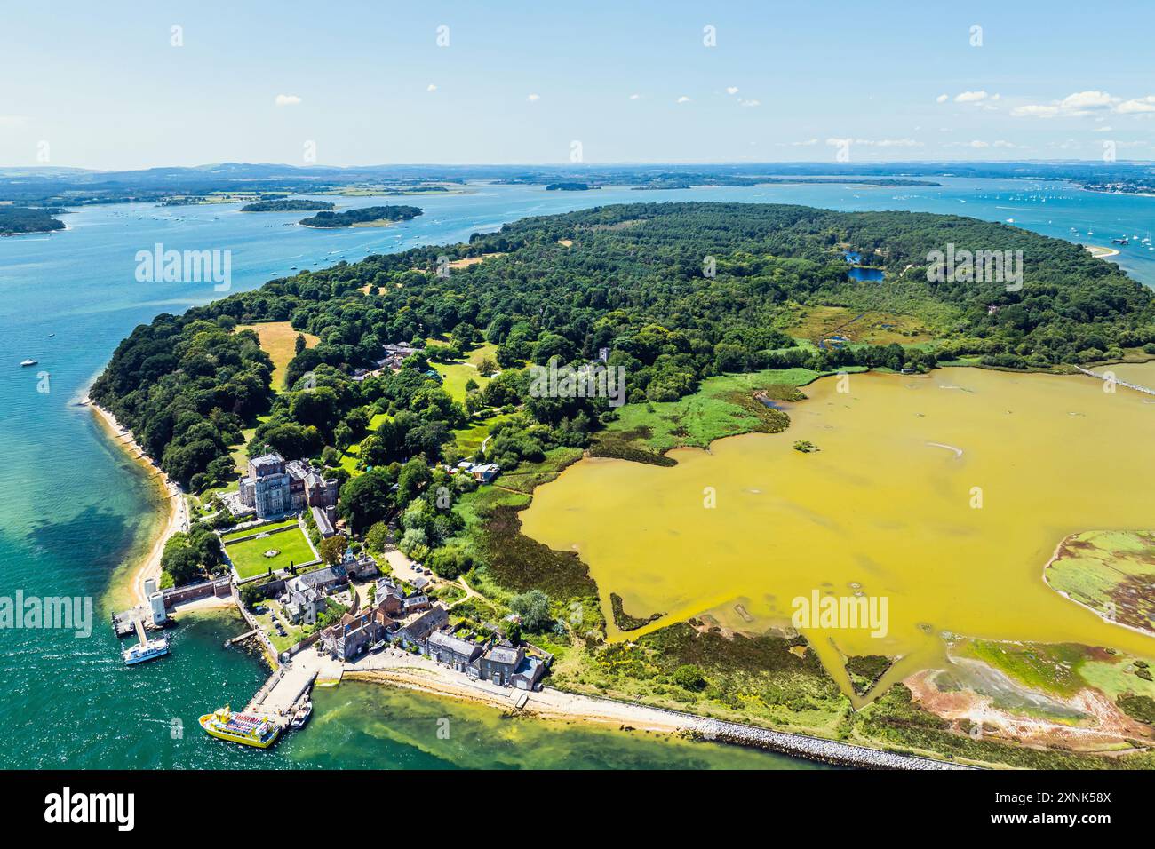 Brownsea Castle on Brownsea Island from a drone, Poole, Dorset, England ...