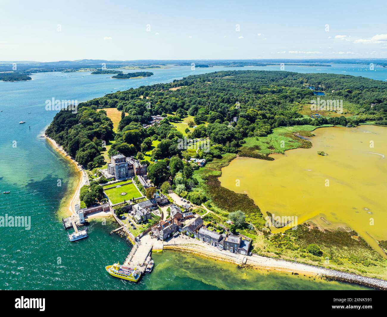 Brownsea Castle on Brownsea Island from a drone, Poole, Dorset, England ...