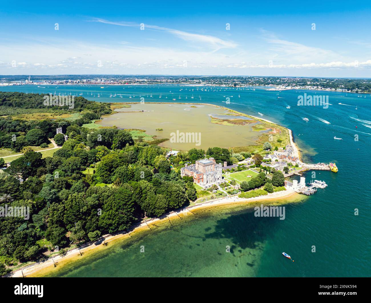 Brownsea Castle on Brownsea Island from a drone, Poole, Dorset, England ...