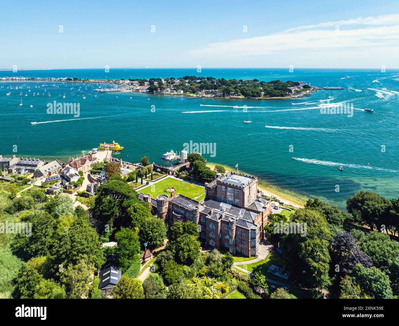 Brownsea Castle on Brownsea Island from a drone, Poole, Dorset, England ...