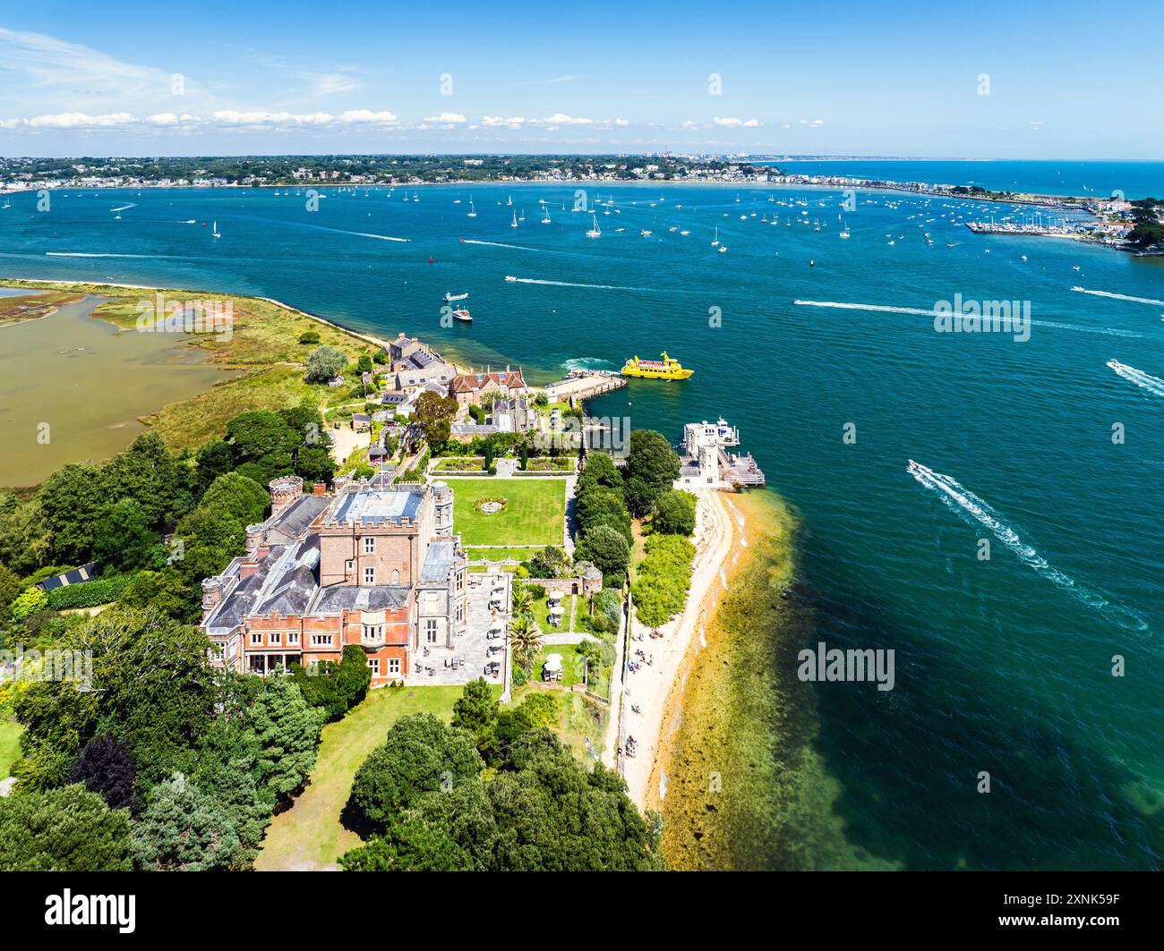 Brownsea Castle on Brownsea Island from a drone, Poole, Dorset, England ...