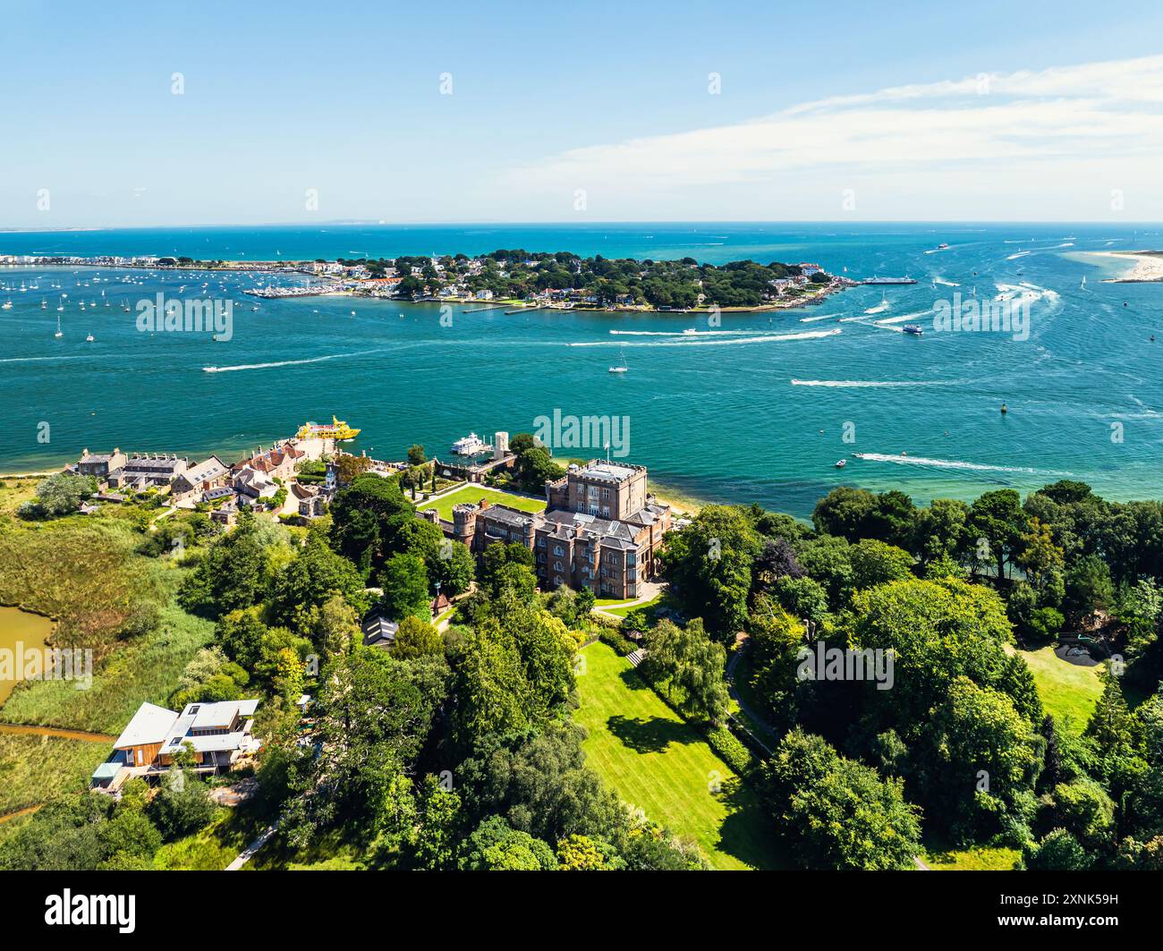 Brownsea Castle on Brownsea Island from a drone, Poole, Dorset, England ...