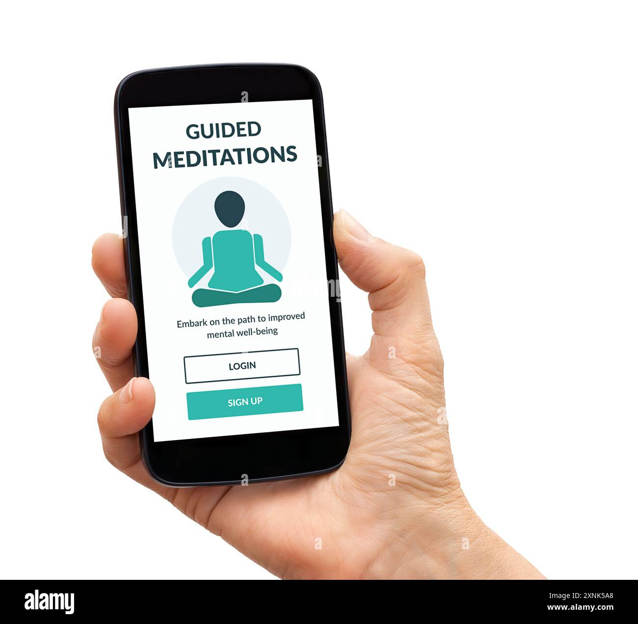 Hand holding a black smart phone with meditation app concept on screen ...