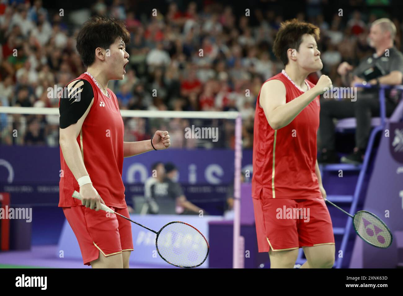 Paris, France. 1st Aug, 2024. Liu Shengshu (R)/Tan Ning of China celebrate scoring during the ...