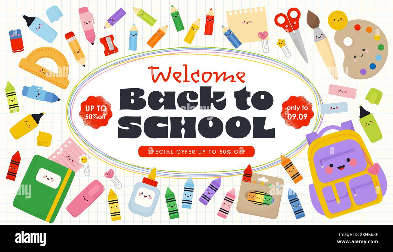 Back to School banner with school supplies. Cute Vector illustration in ...