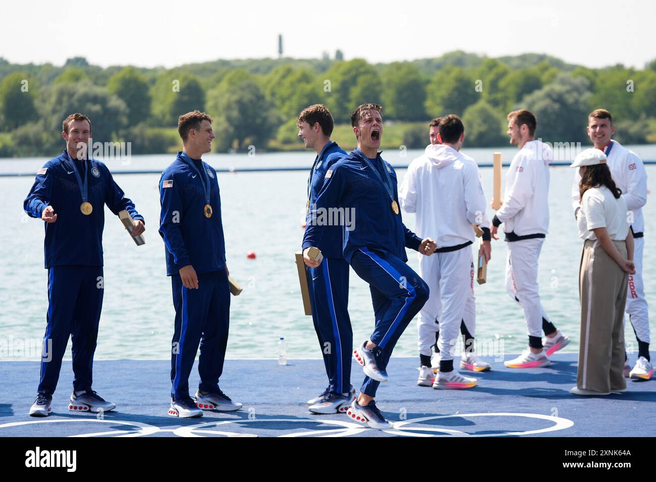 United States' Justin Best, right, celebrates gold in the men's four ...