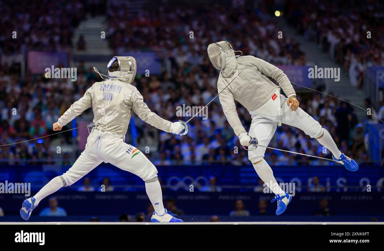 Paris, France. 31st Jul 2024. Aron Szilagyi (HUN) Oh Sanguk (KOR) Paris ...