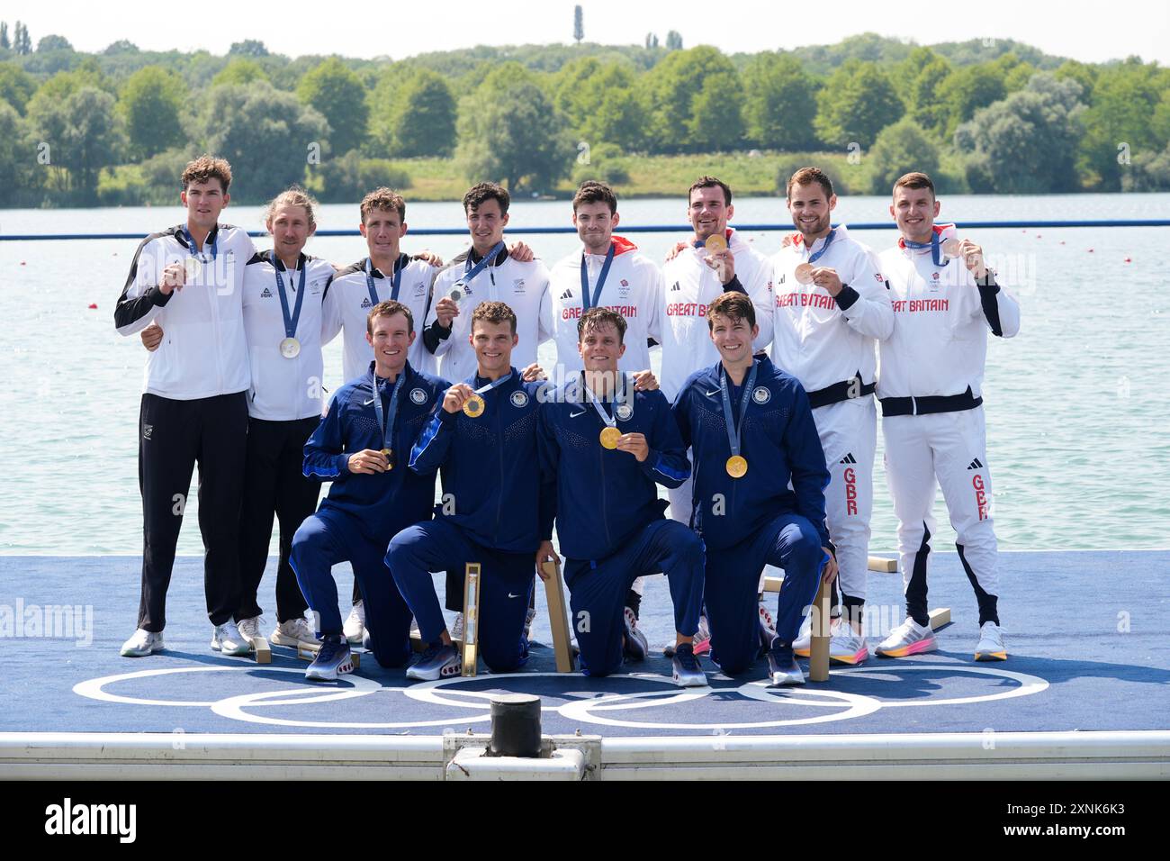 Silver medalists, back left, New Zealand's Tom Murray, Logan Ullrich ...