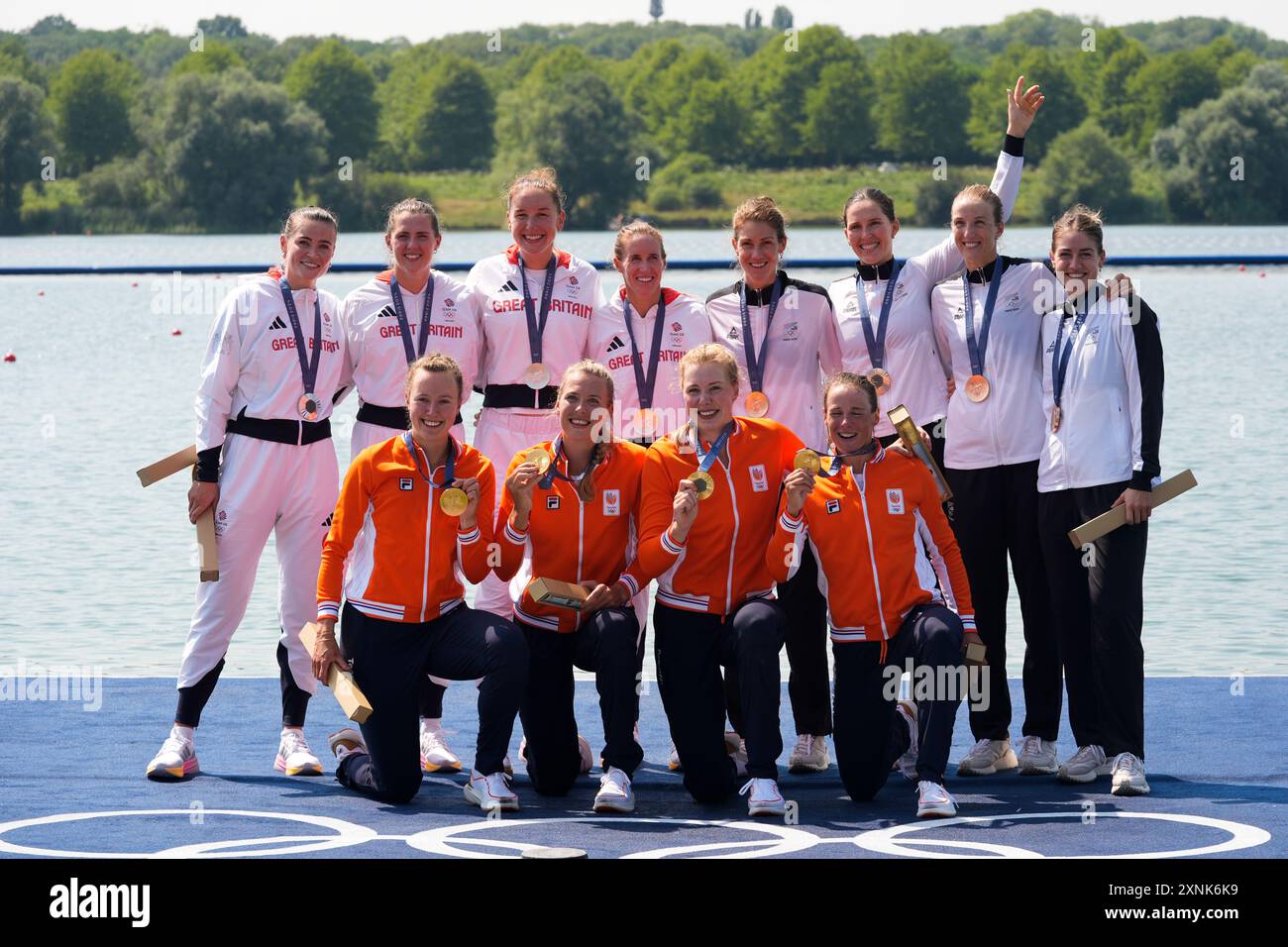 Silver medalists, back left, Britain's Sam Redgrave, Rebecca Shorten ...