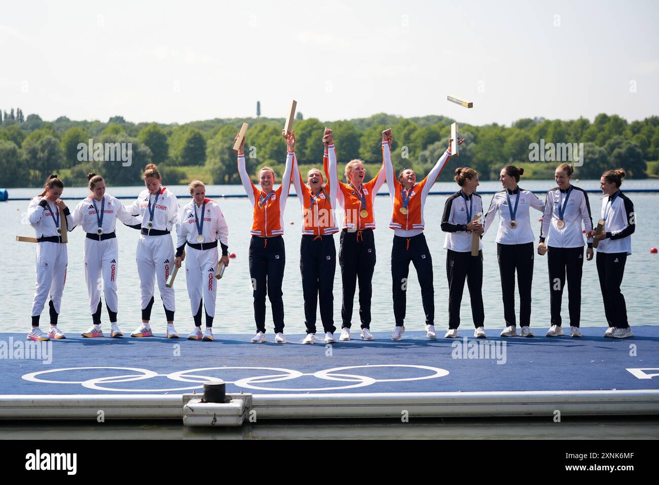 Silver medalists, left, Britain's Sam Redgrave, Rebecca Shorten, Helen ...