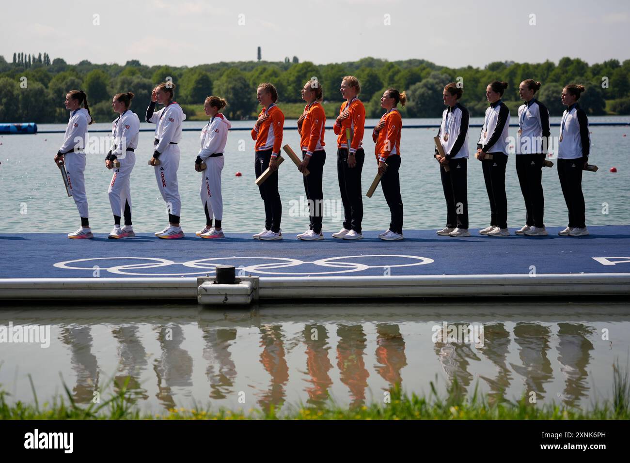 Silver medalists, left, Britain's Sam Redgrave, Rebecca Shorten, Helen ...