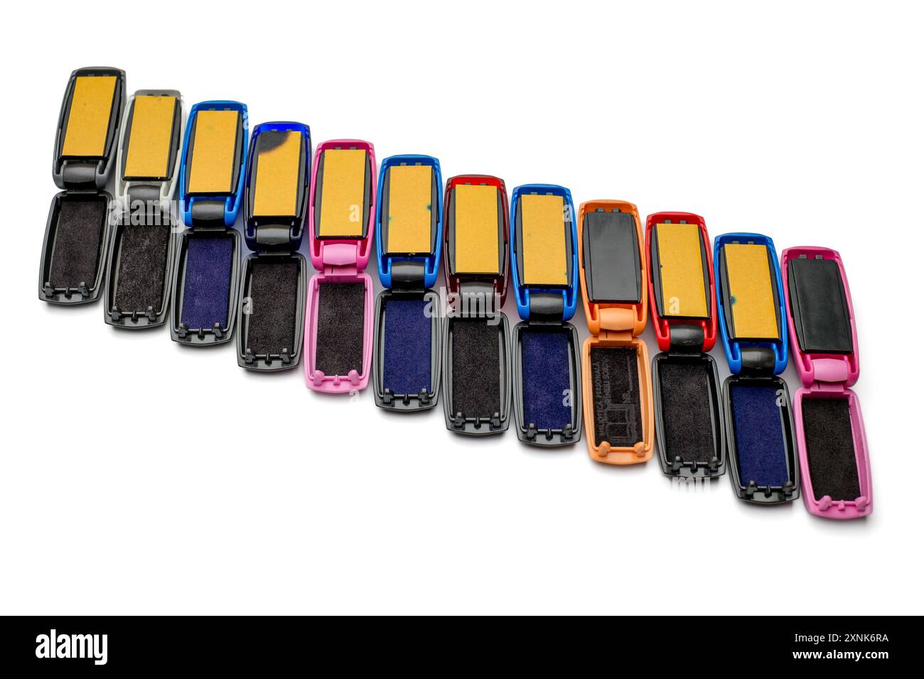 open hand-stamps different colors on white background Stock Photo - Alamy