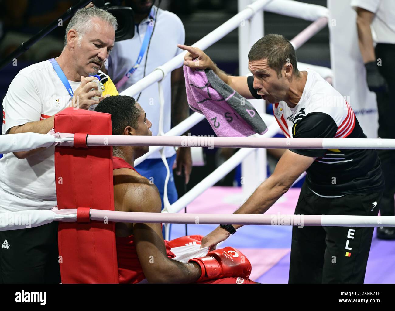 Paris, France. 01st Aug, 2024. coach Raffaele Bergamasco, Belgian boxer ...