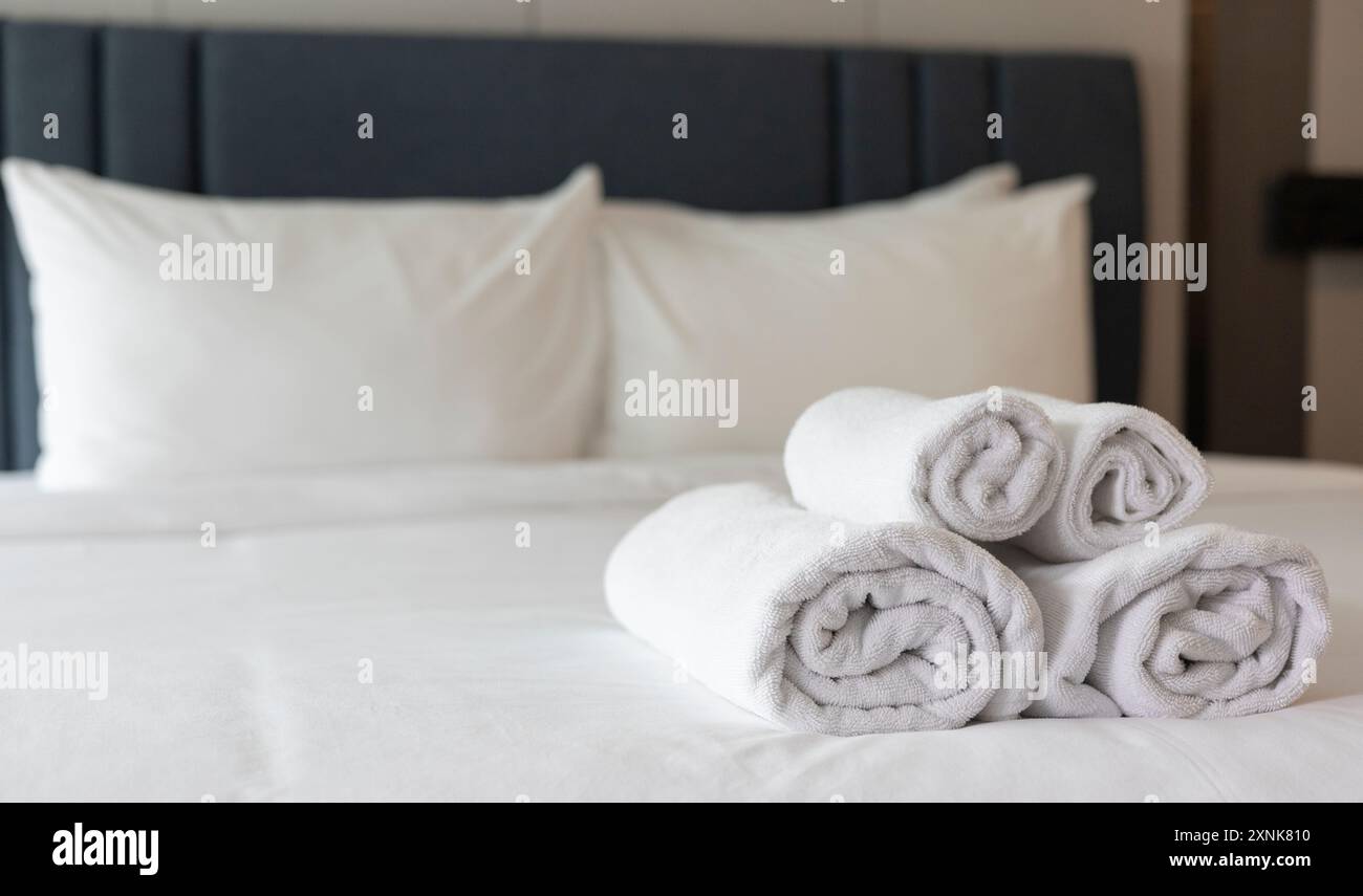 Neat and Tidy Hotel Bedroom: White Bed with Fresh, Soft Linens, Folded ...