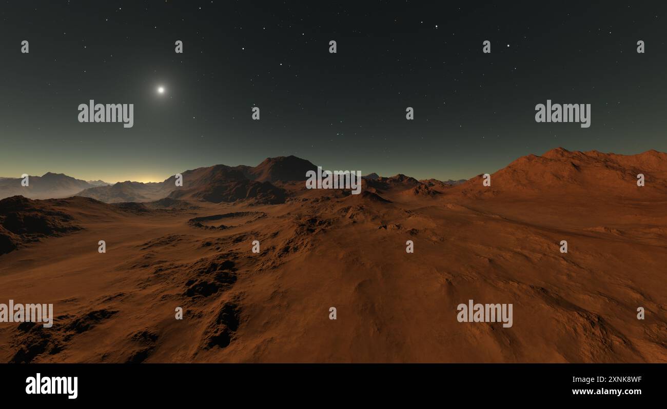 Mars - the red planet. Martian surface and dust in the atmosphere. 3d ...