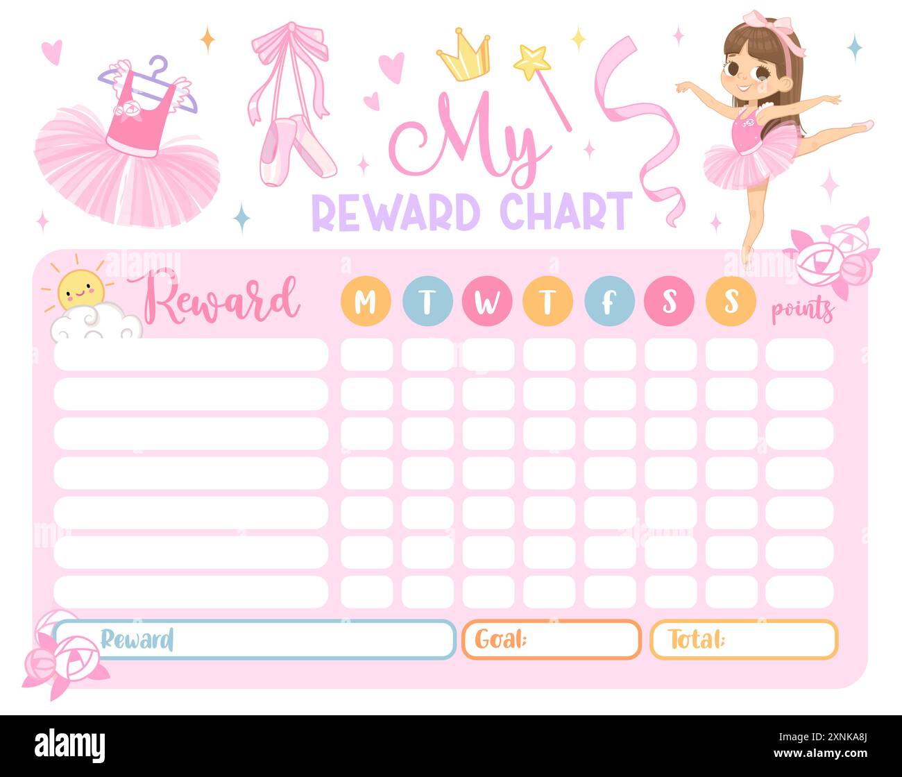 Ballerina reward chart for girls and boys. Cute Ballerina. Table of ...