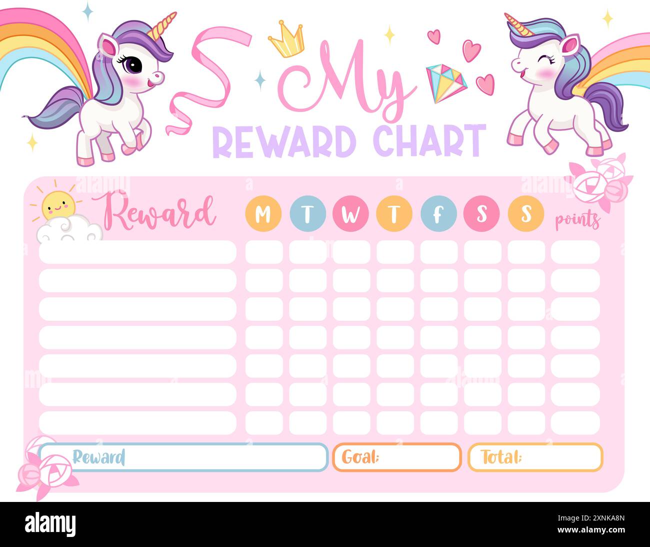 Unicorn reward chart for girls and boys. Cute baby unicorn. Table of ...