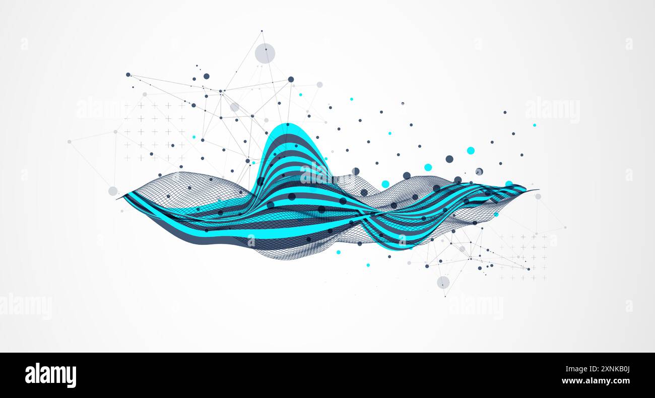Abstract wavy background with cyan lines and wireframe wave. Hand drawn ...