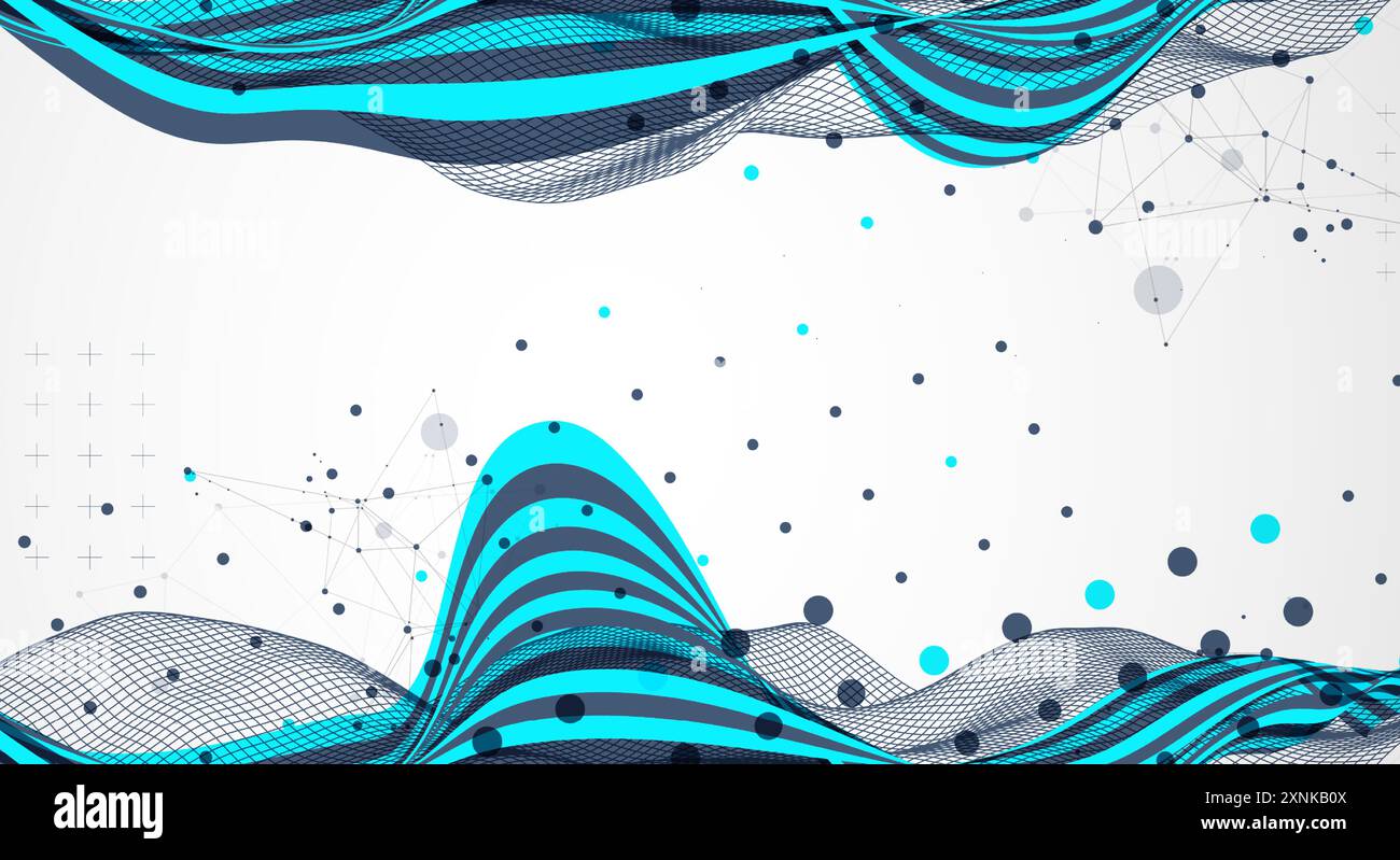Abstract wavy background with cyan lines and wireframe wave. Hand drawn ...