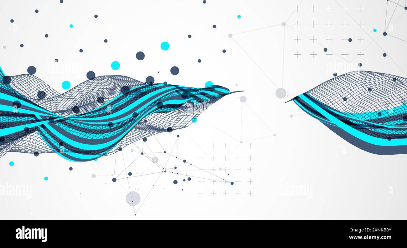 Abstract wavy background with cyan lines and wireframe wave. Hand drawn ...