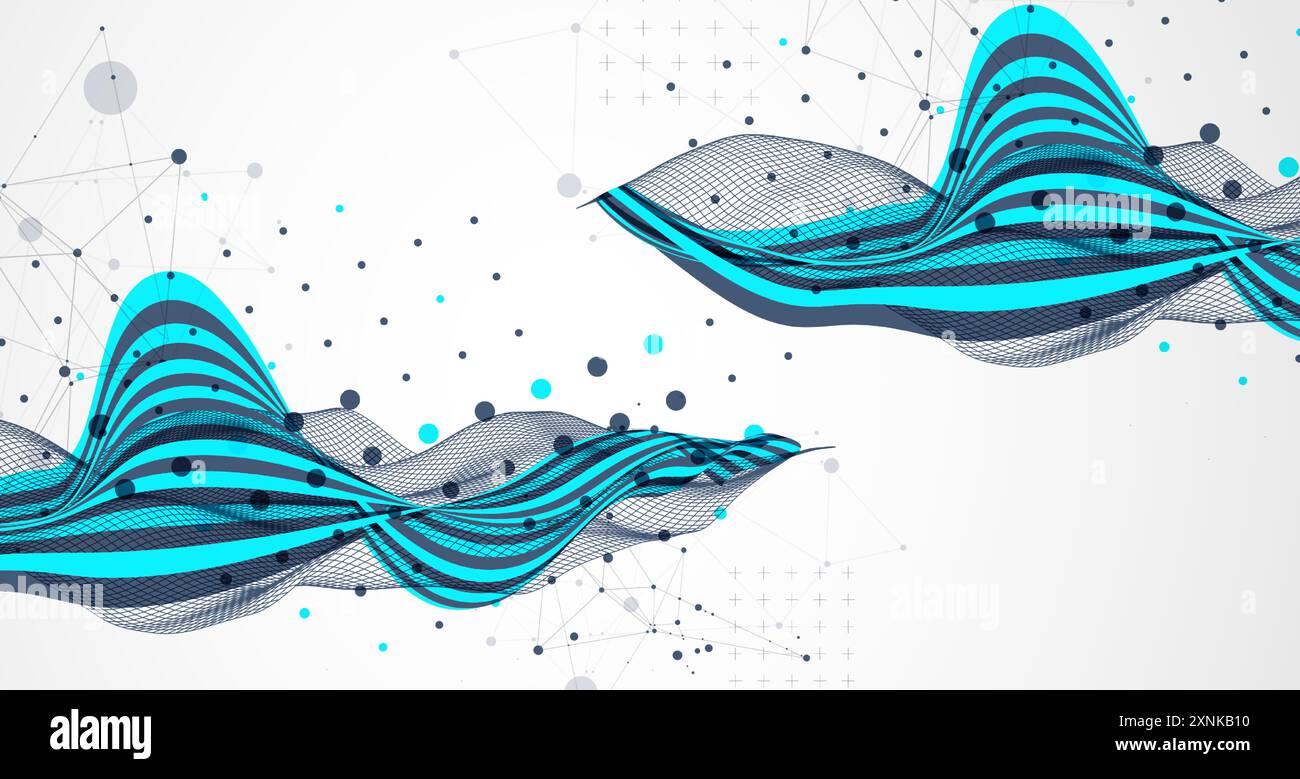 Abstract wavy background with cyan lines and wireframe wave. Hand drawn ...