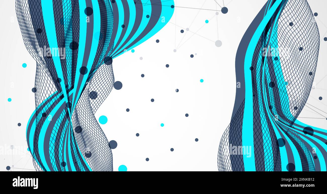 Abstract wavy background with cyan lines and wireframe wave. Hand drawn ...