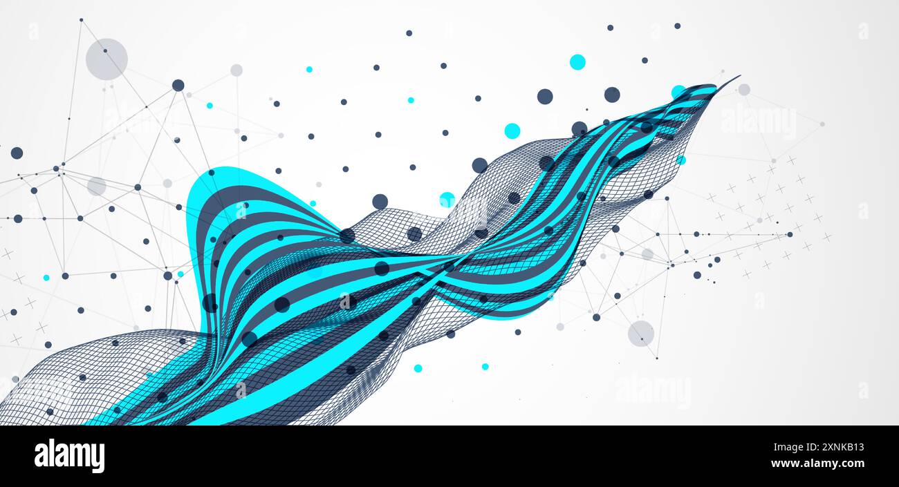 Abstract wavy background with cyan lines and wireframe wave. Hand drawn ...